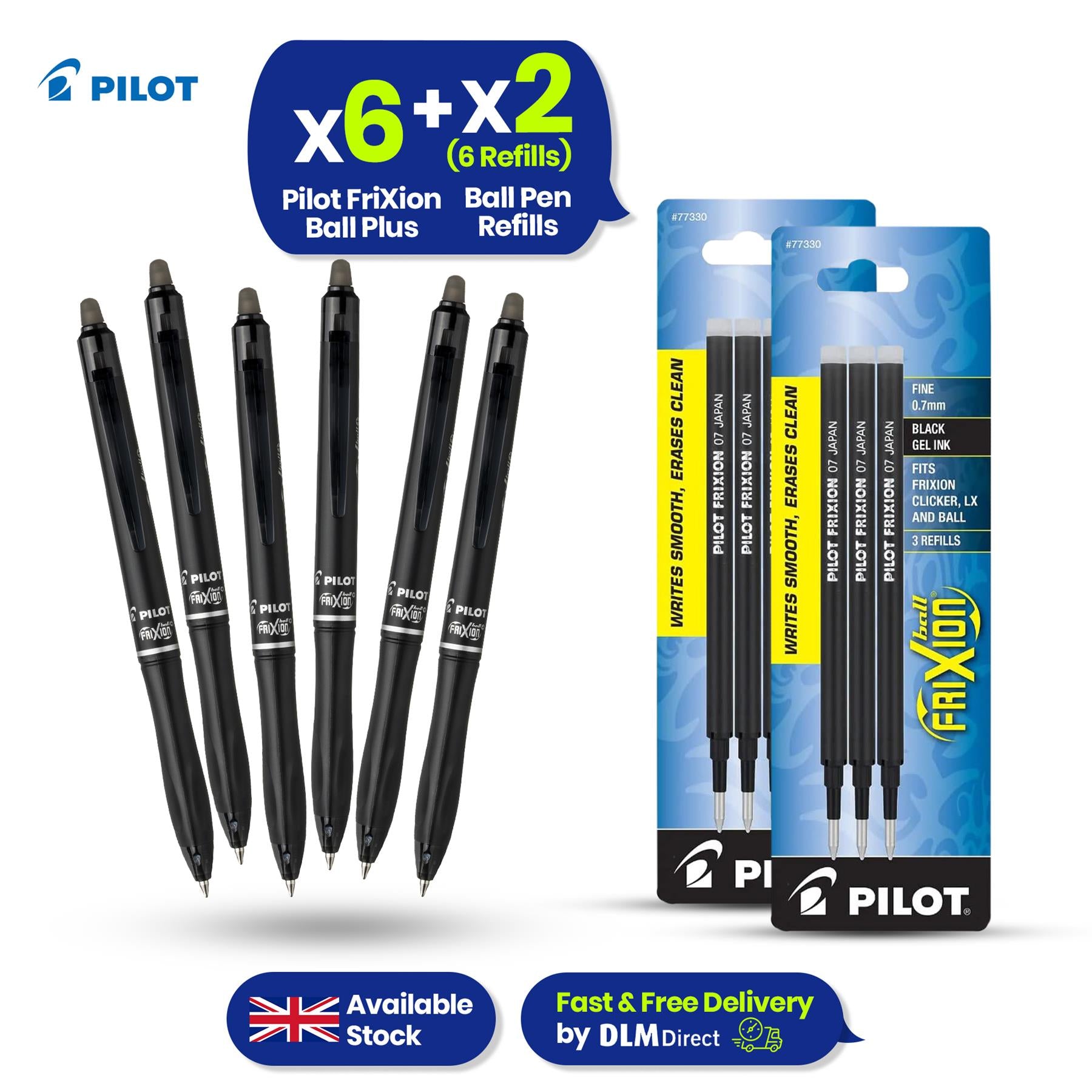 Pilot Frixion Ball Plus - Black - Pack of 6 + 2 Packs of 3 Refills – DLM Direct