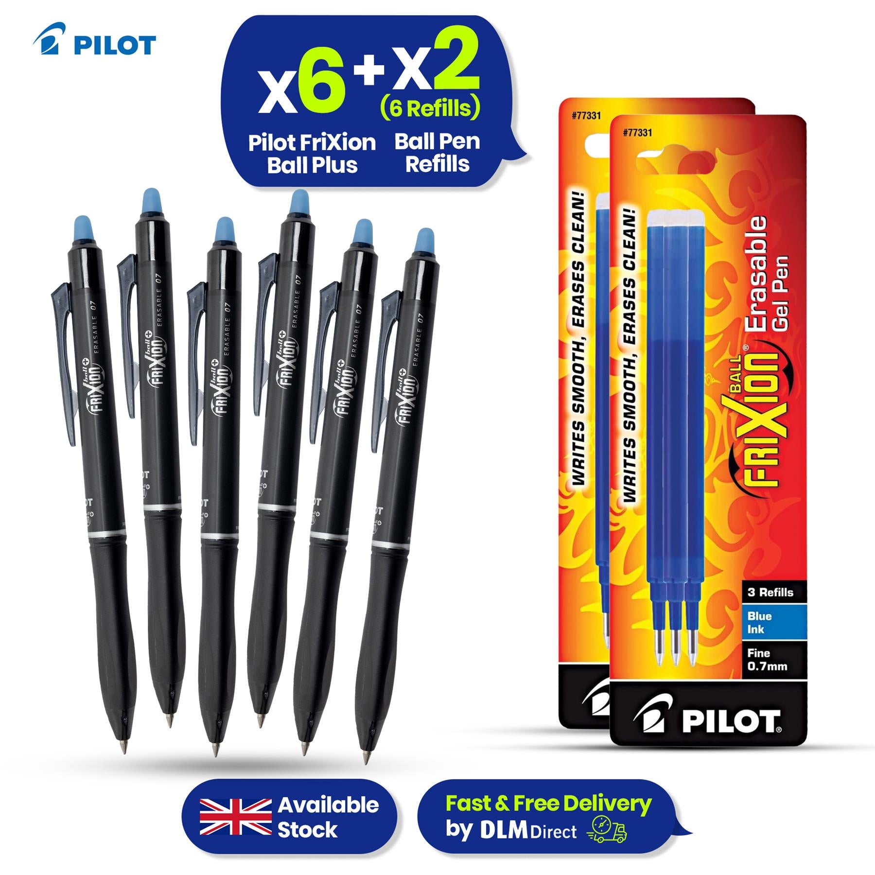 Pilot Frixion Ball Plus - Blue - Pack of 6 + 2 Packs of 3 Refills – DLM Direct