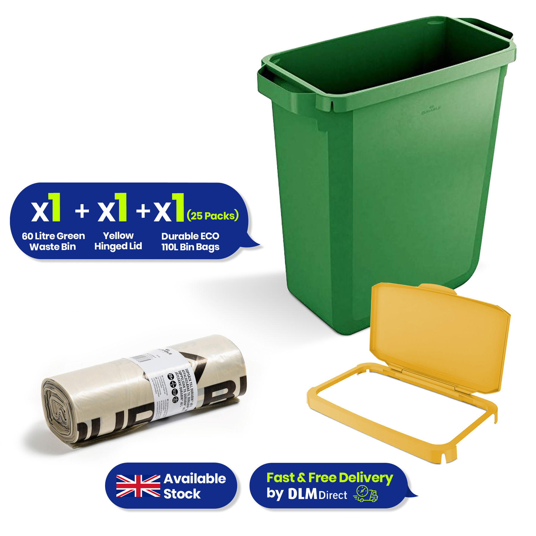 DURABIN 60L Green Bin Set & Yellow Hinged Lid and 25x 110L Recycled Bi – DLM Direct