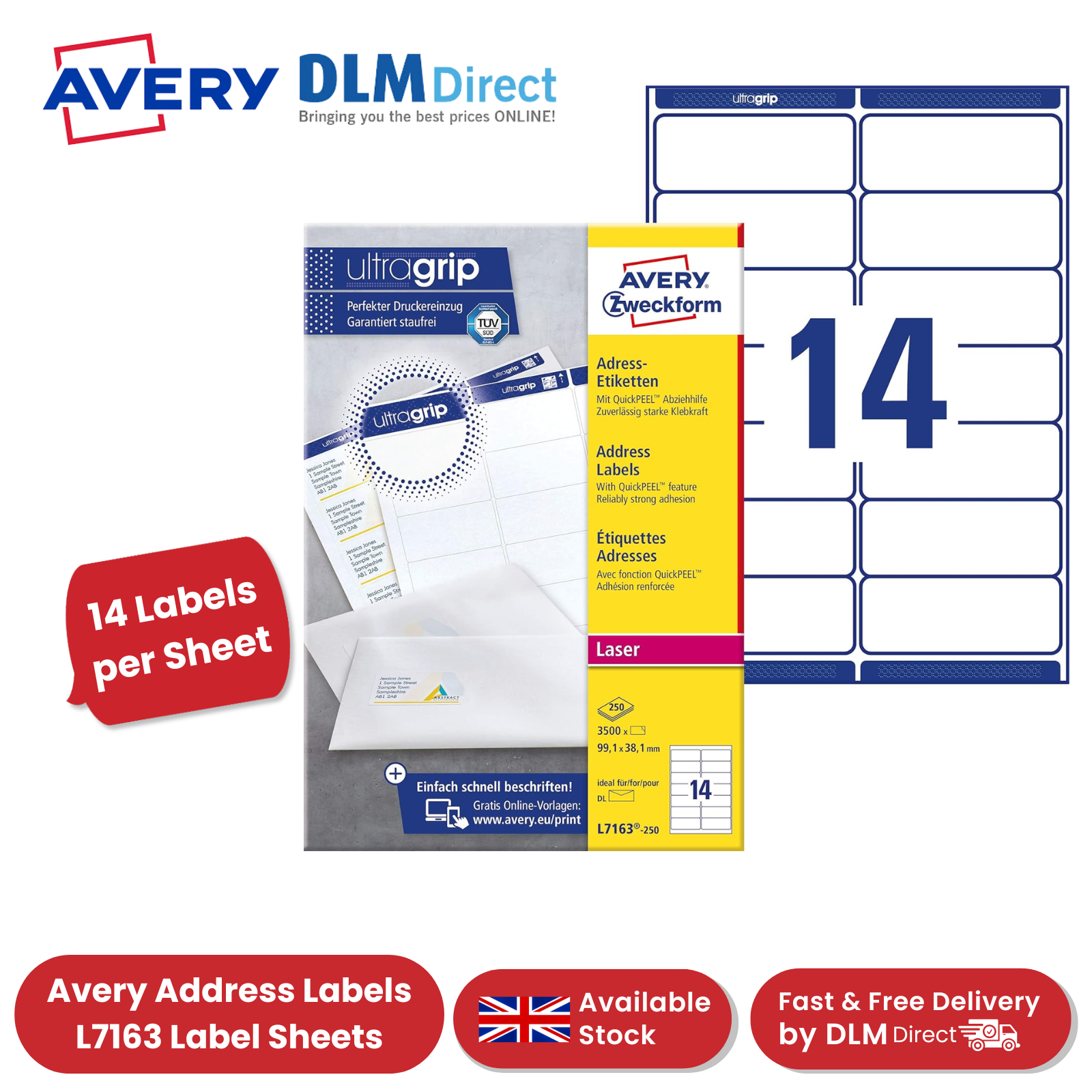 AVERY L7163-250 QUICKPEEL WHITE LASER ADDRESSING LABELS 99.1X38.1MM ...