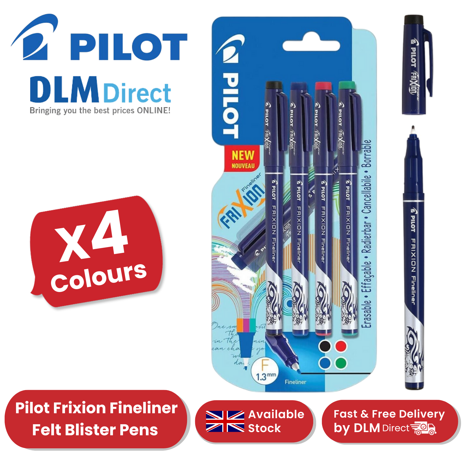 Pilot Blister Pack Fine 1 Black 1 Blue 1 Red 1 Green – DLM Direct