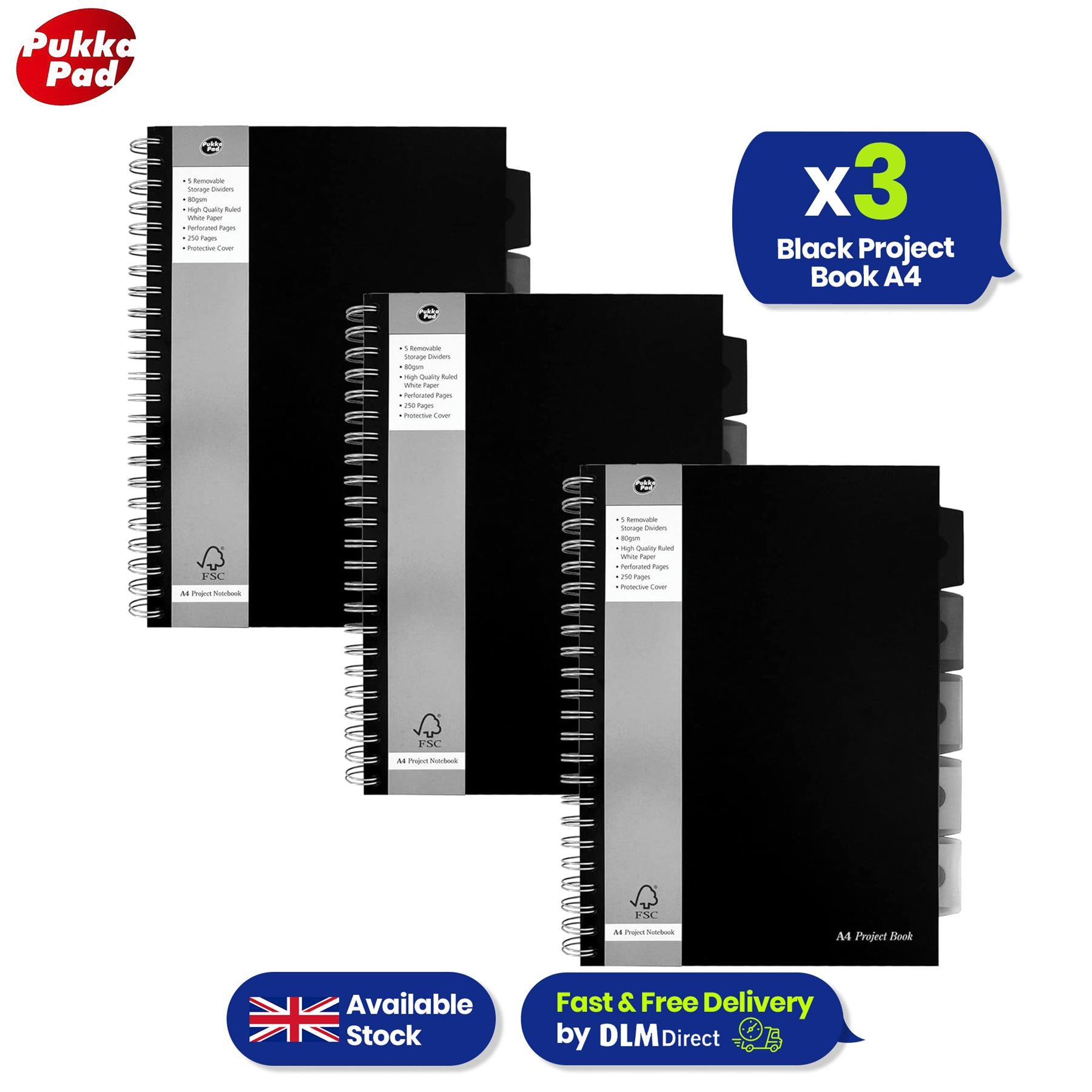 3x PUKKA PAD A4 Project Book 250 Pages Ruled Paper with Dividers for W ...
